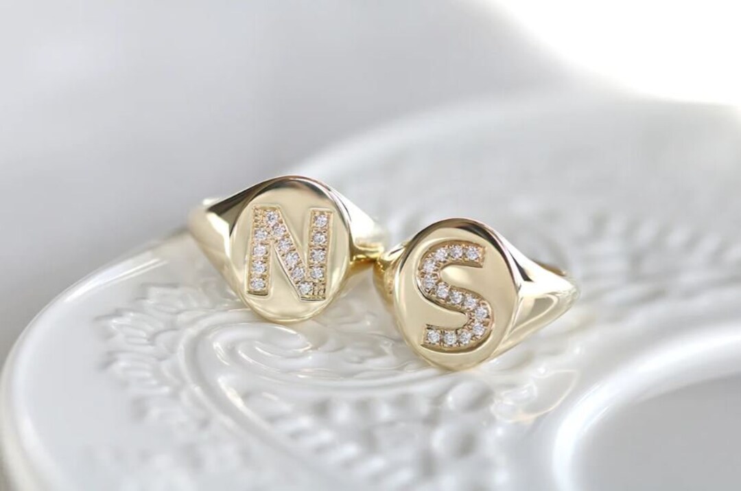 Diamond Initial Signet Ring Alphabet Signet Ring Custom Diamond Letter ...