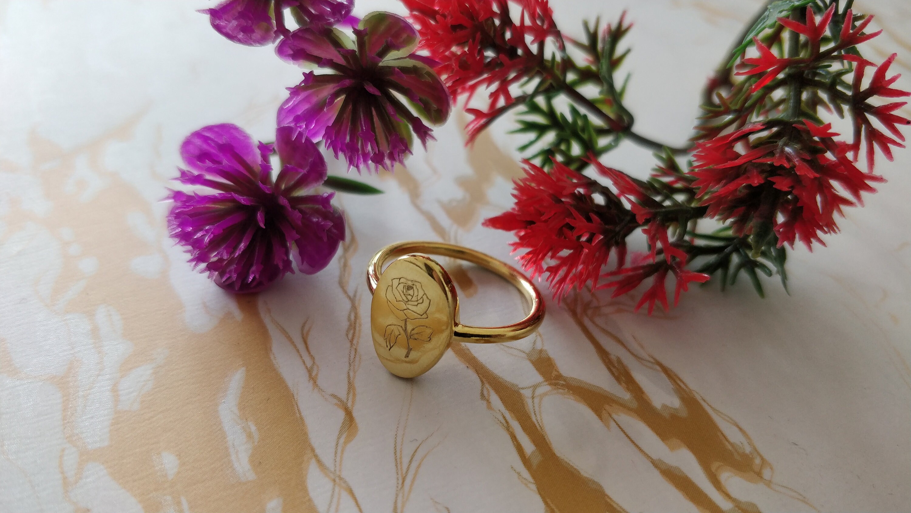 Birth Flower Ring Oval Signet Ring Floral Signet Ring - Etsy