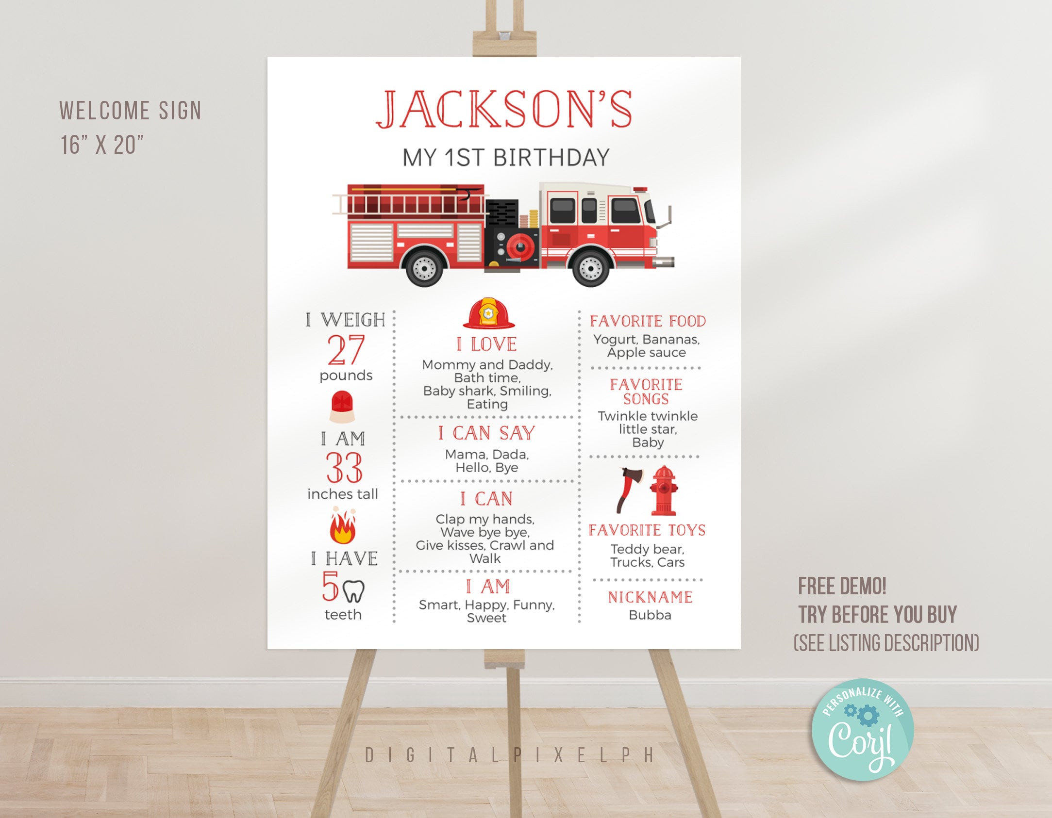 Editable Fire Truck Birthday Milestone Poster Template, Firetruck ...
