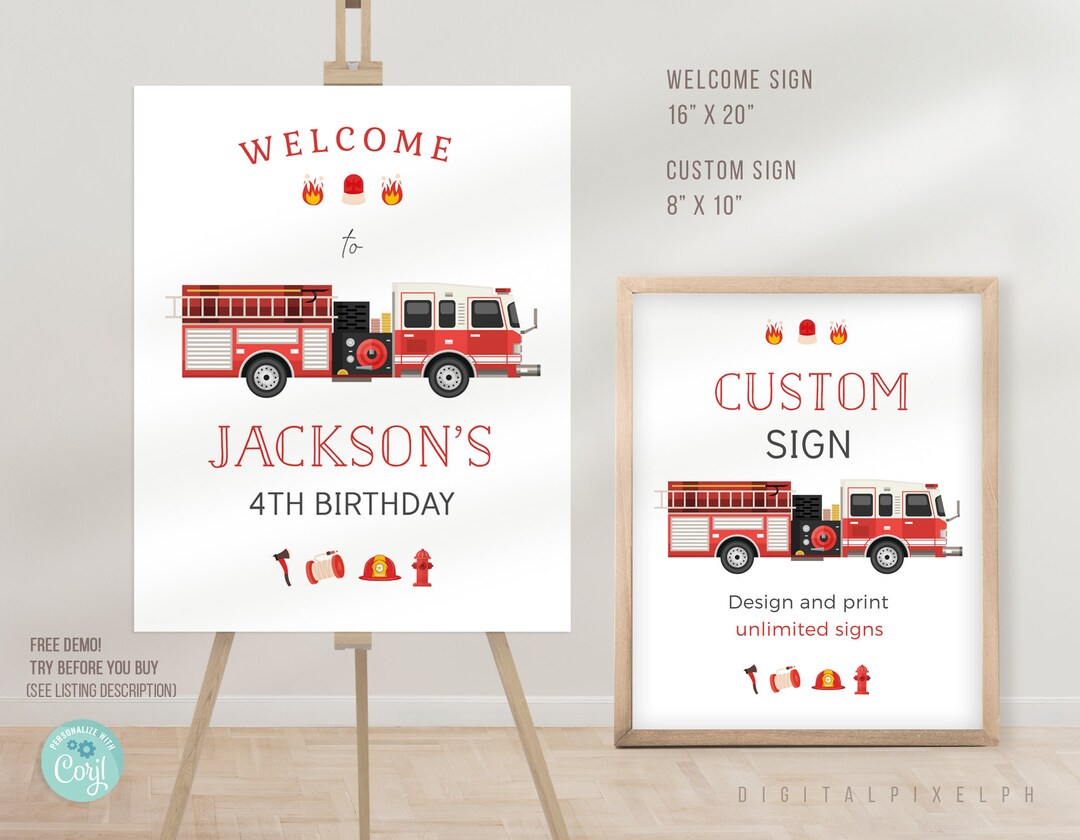 Editable Fire Truck Welcome Sign Template, Fire Truck Birthday Custom ...