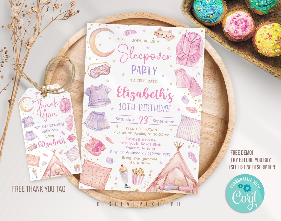 Editable Sleepover Party Birthday Invitation Template, Slumber Party ...
