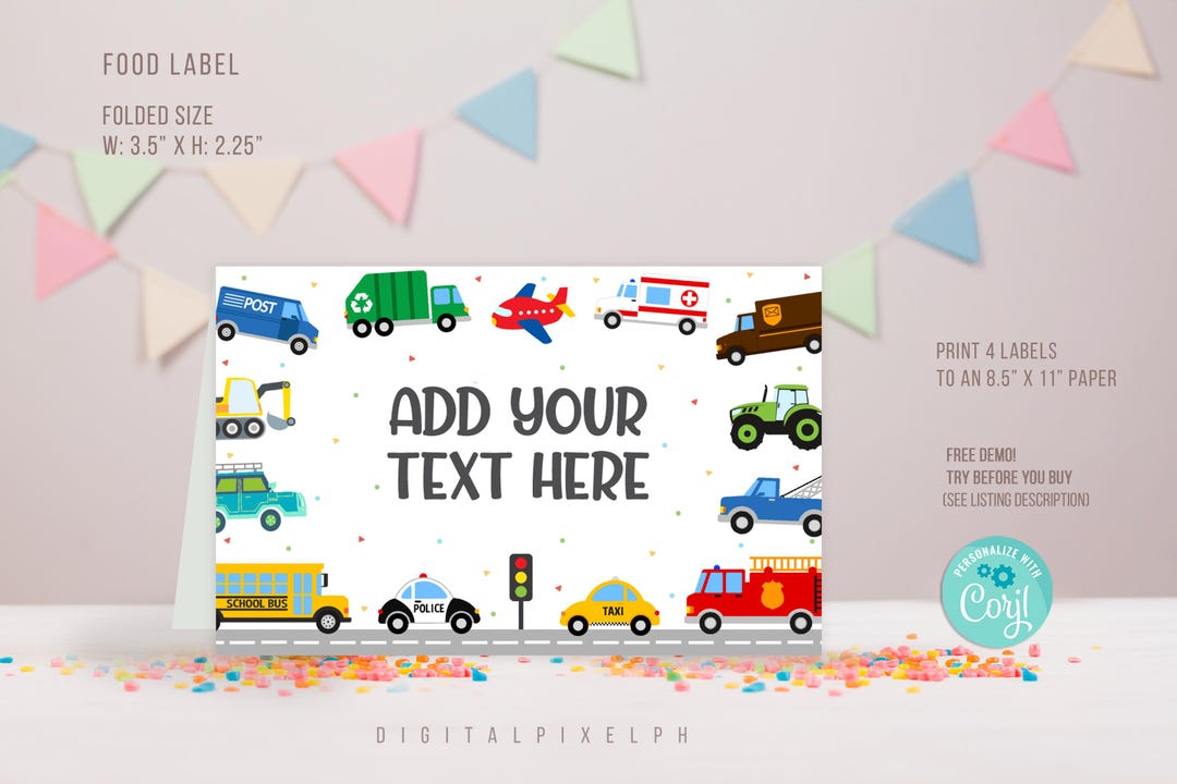 Transportation Food Label Tent Cards, Editable Vehicle Theme (digital ...
