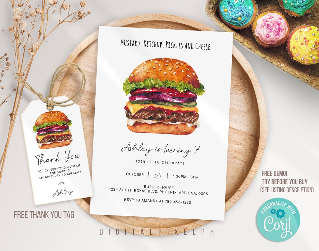 Burger Birthday Invitation Minimalist Burger Birthday Invite - Etsy