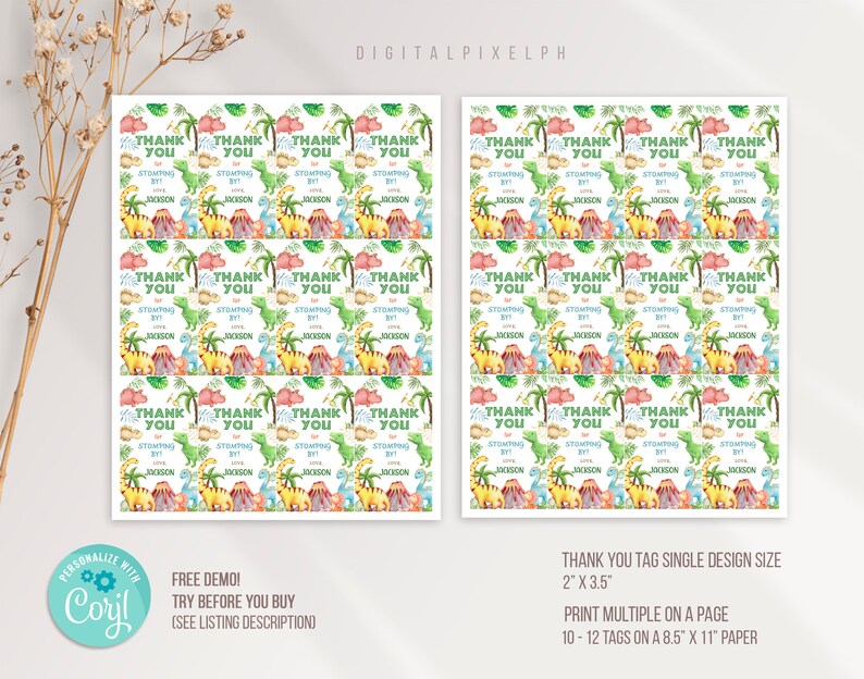 Dinosaur Birthday Thank You Tags, Dinosaur Favor Tags, Dinosaur ...