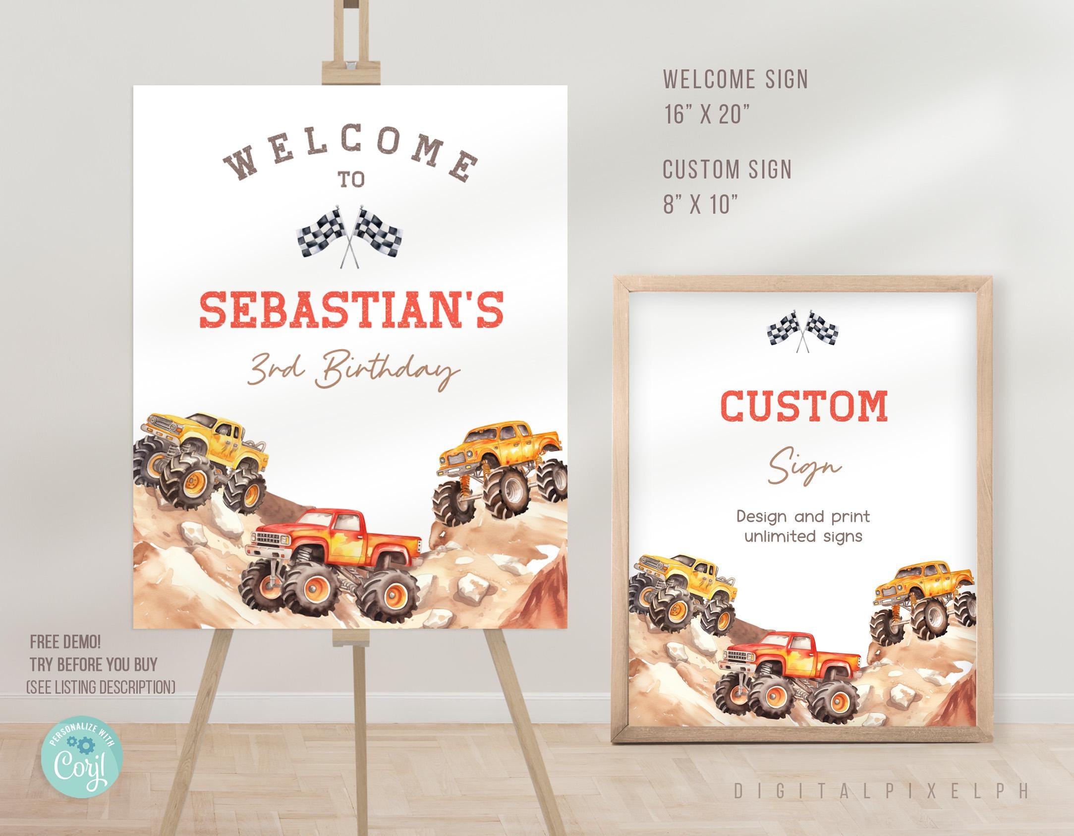 Editable Monster Truck Welcome Sign Template, Monster Truck Custom Sign ...