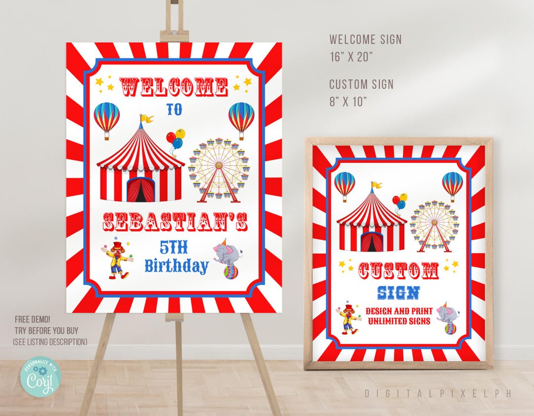 Editable Circus Welcome Sign Template, Circus Birthday Custom Sign ...