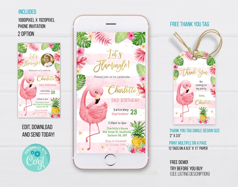 Editable Flamingo Electronic Invitation Template, Flamingo Phone ...