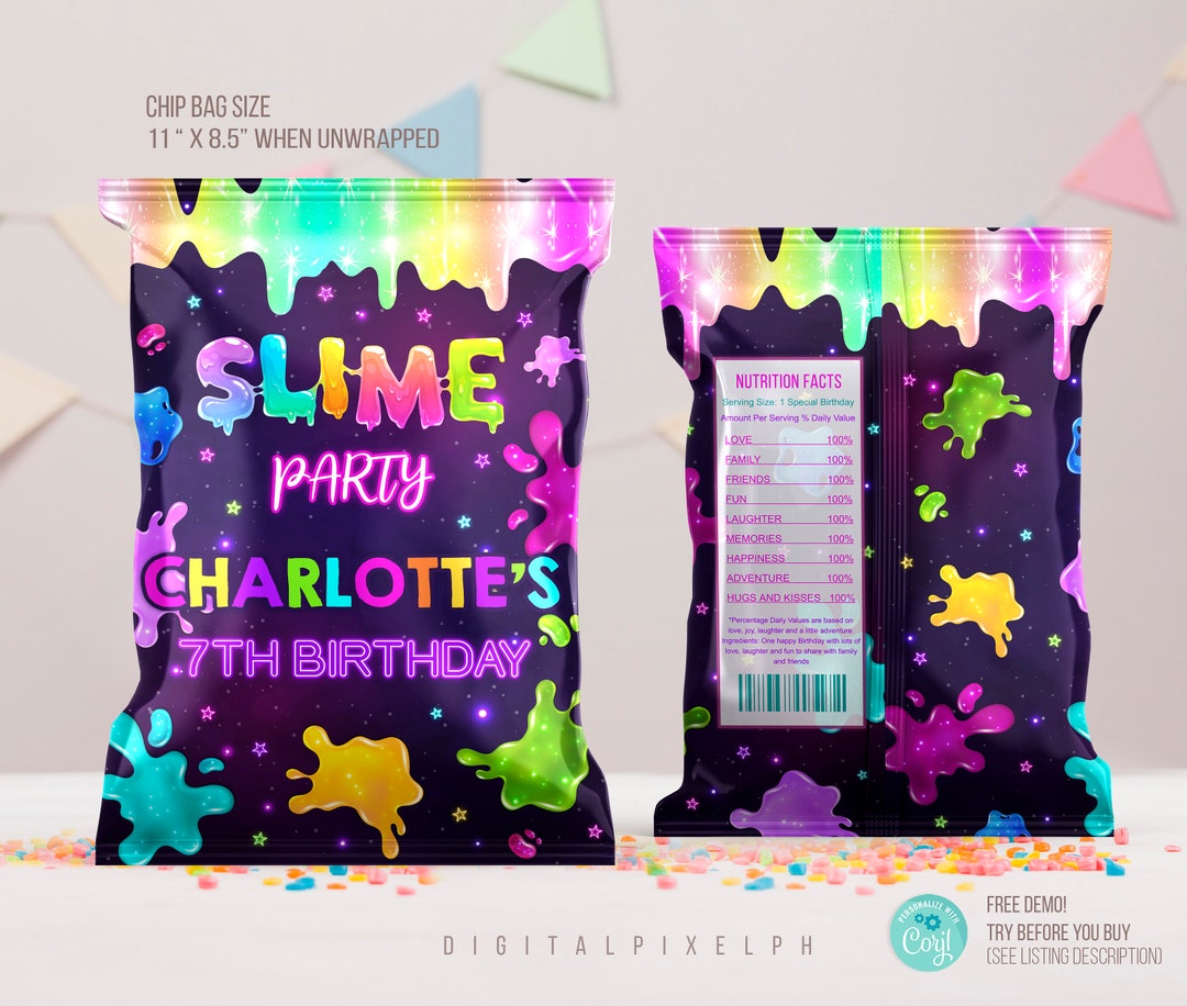 Editable Slime Party Birthday Chip Bag Wrapper Labels, Slime Party Bag ...