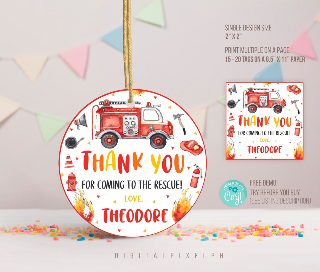 Editable Fire Truck Round Thank You Tags, Fire Truck Sticker, Fire ...