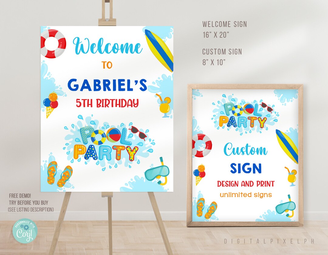 Editable Pool Party Welcome Sign Template, Pool Party Custom Sign ...