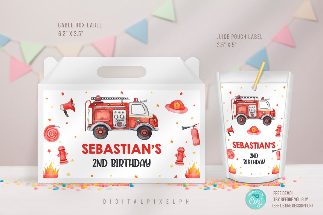 Editable Fire Truck Capri Sun Labels, Fire Truck Juice Labels, Fire ...