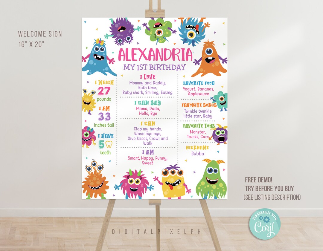 Editable Monster Birthday Milestone Poster Template, Monster Milestone ...