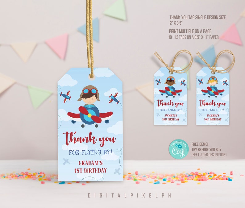 Editable Airplane Birthday Thank You Tags Airplane Favor - Etsy