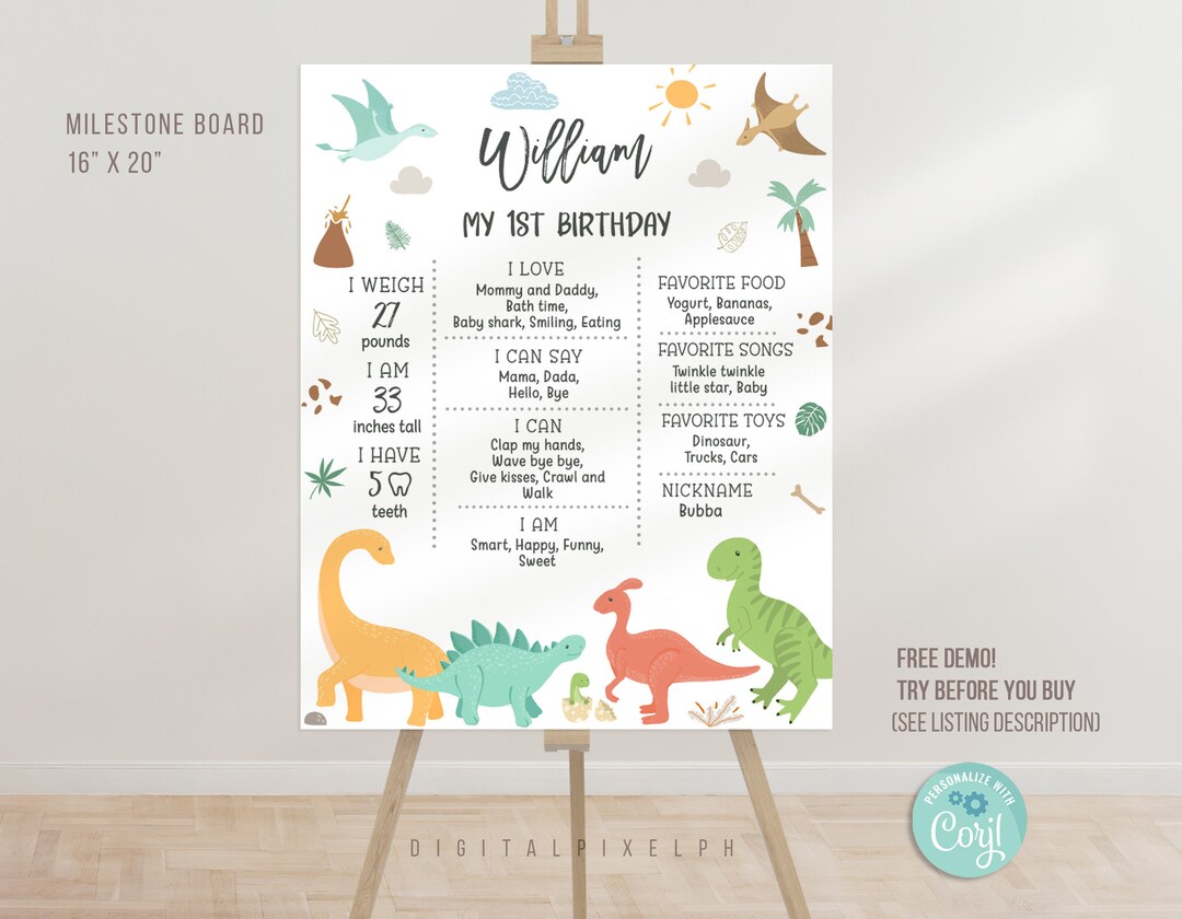 Editable Dinosaur Birthday Milestone Poster Template, Dinosaur ...