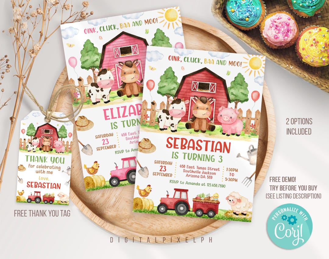 Editable Farm Birthday Invitation Template, Farm Animals Birthday ...