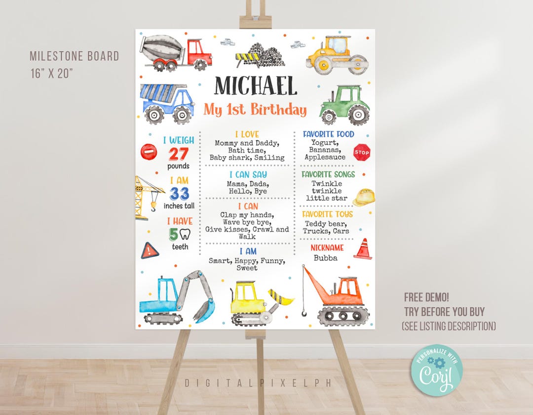Editable Construction Birthday Milestone Poster Template, Construction ...