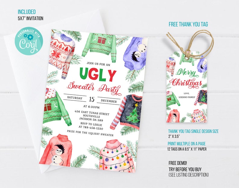 Editable Ugly Sweater Christmas Party Invitation Christmas - Etsy