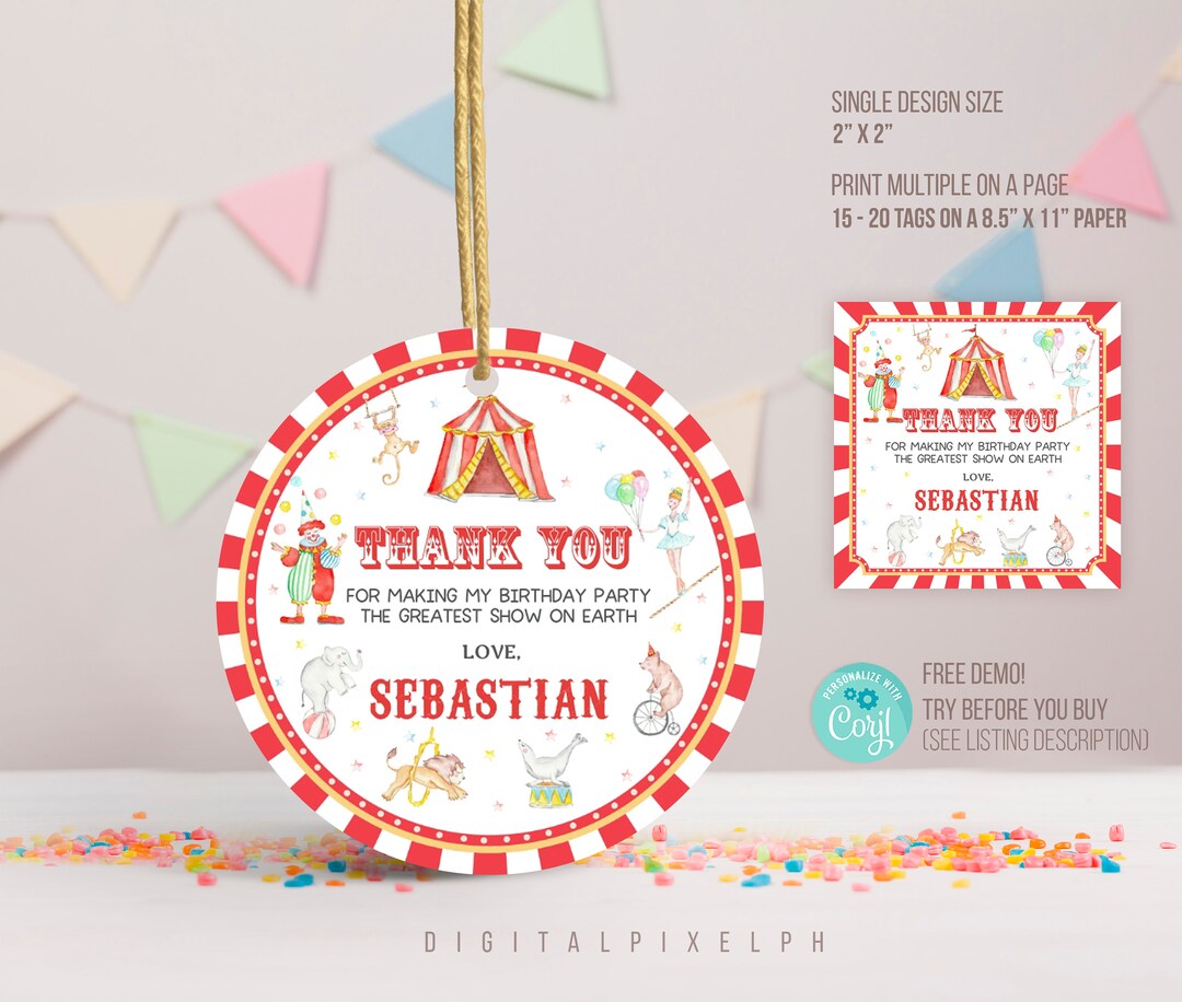 Editable Circus Round Thank You Tags, Circus Sticker, Circus Square ...