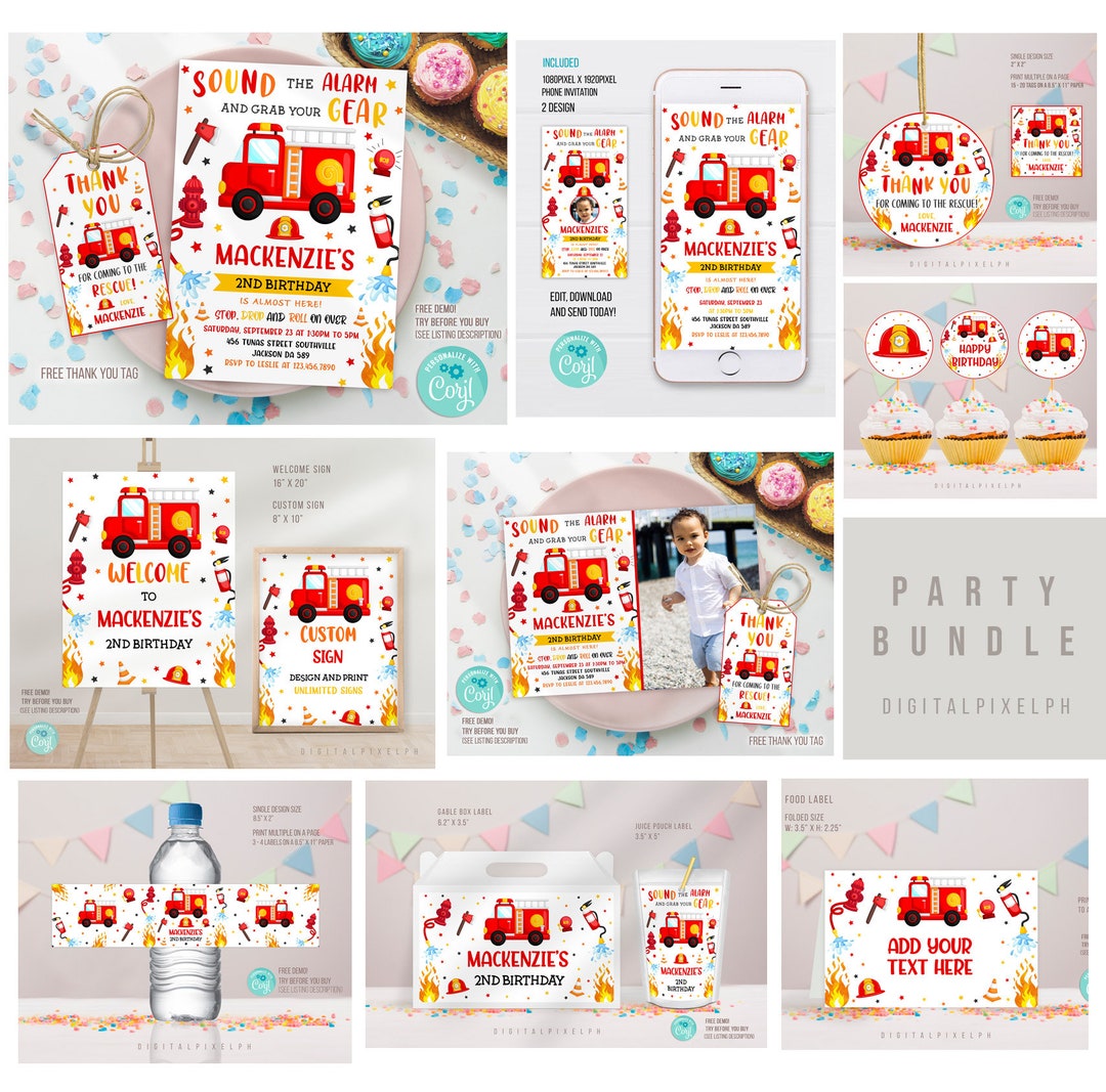Editable Fire Truck Birthday Invitation Bundle Template, Fire Truck ...