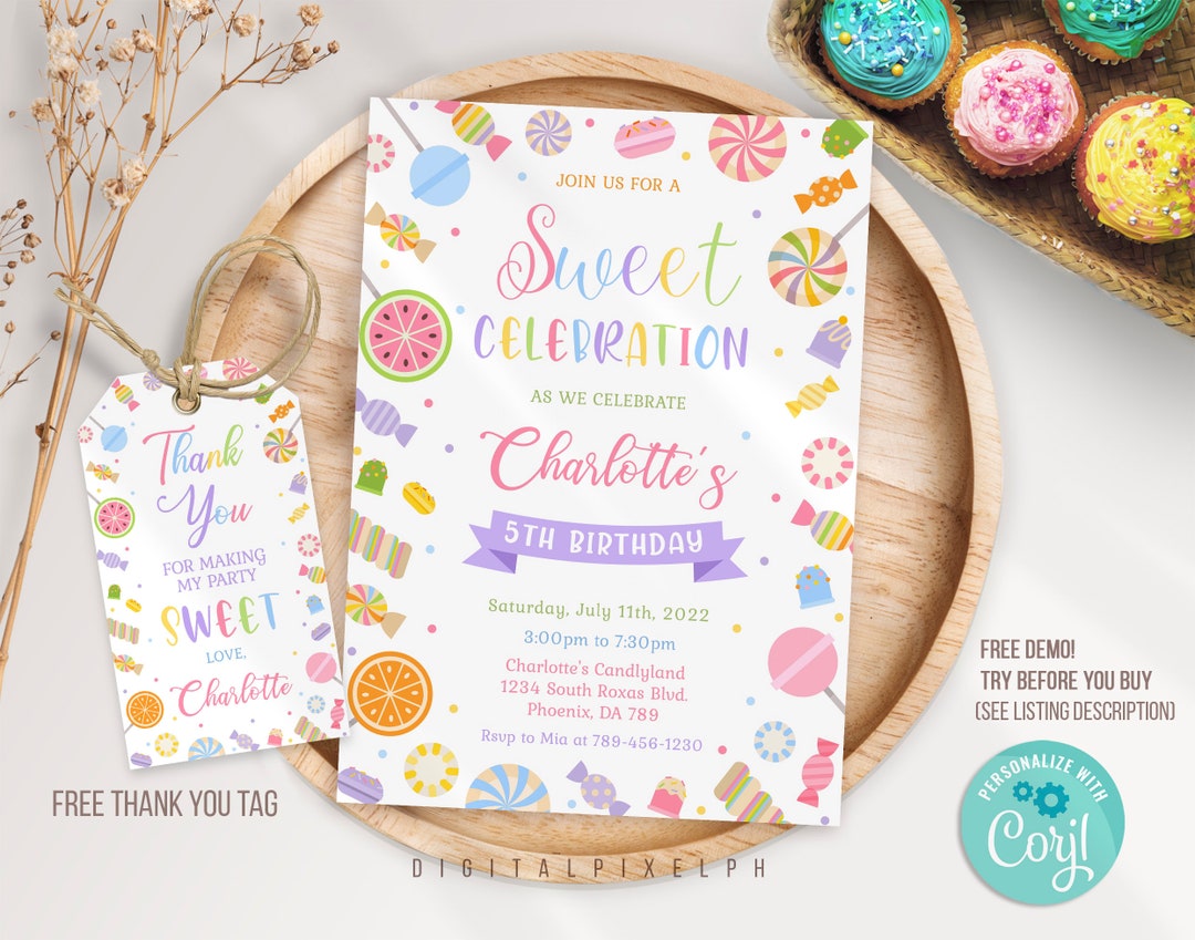 Editable Sweets Candy Invitation, Sweet Candy Birthday Invitation ...