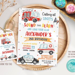 Editable Emergency Vehicles Birthday Invitation, First Responders ...