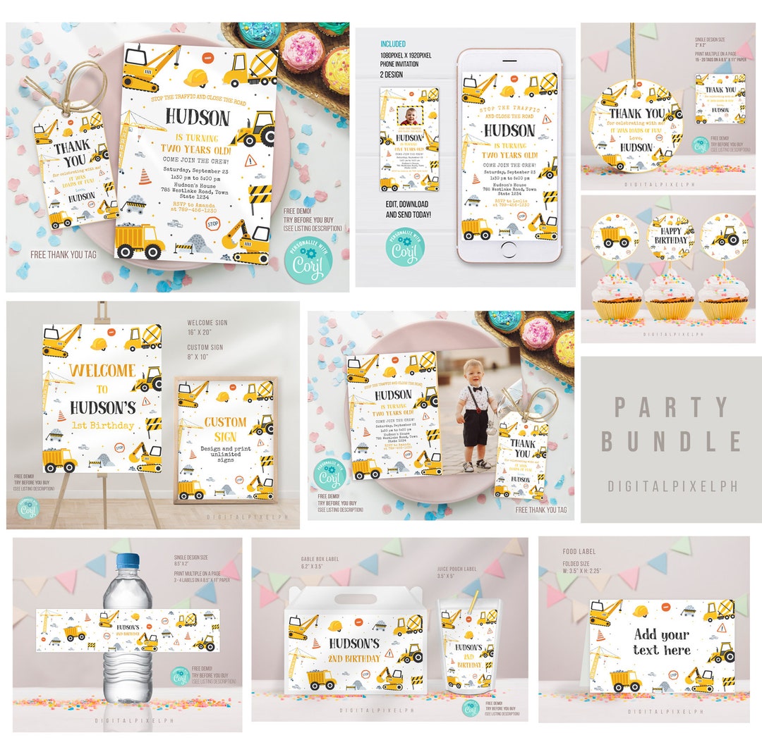 Editable Construction Birthday Invitation Bundle, Construction Welcome ...