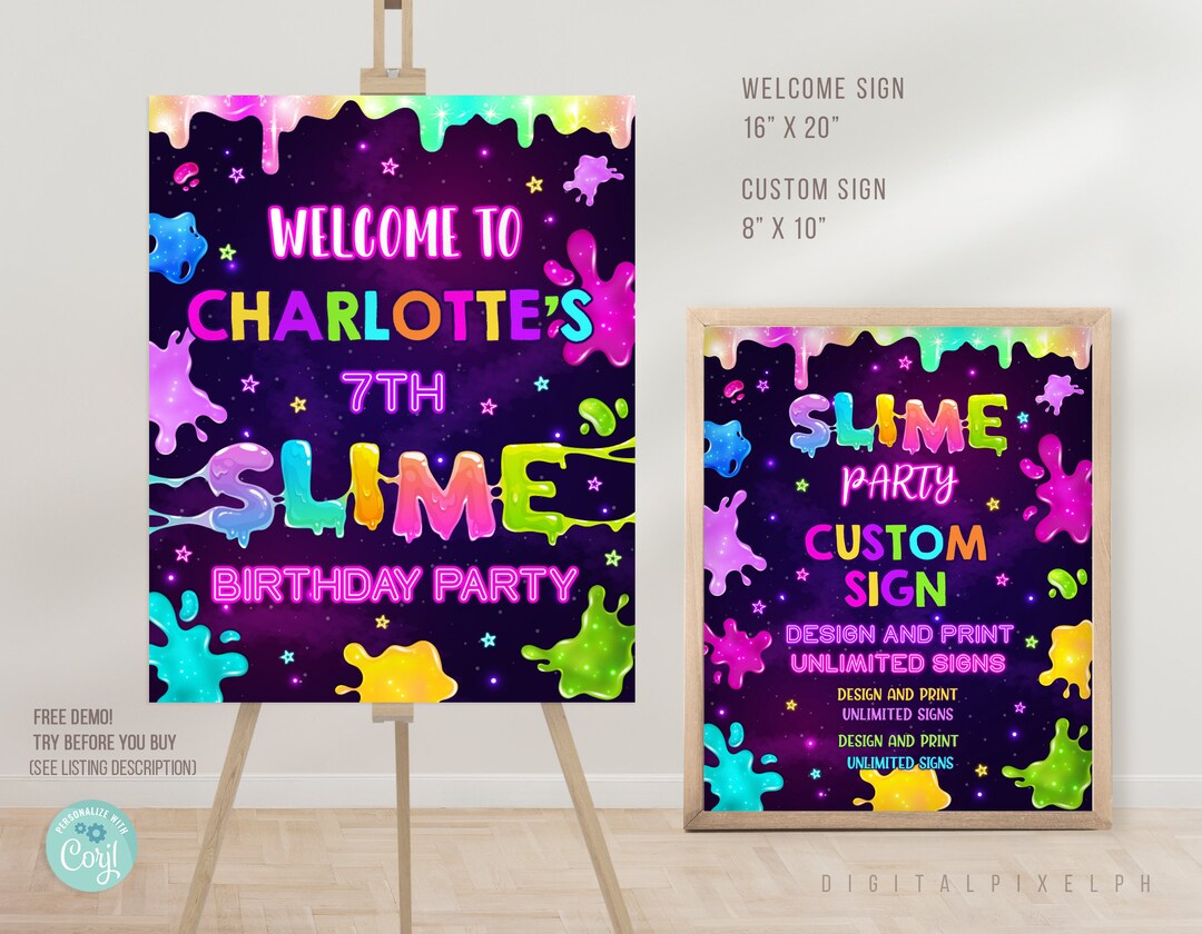 Editable Slime Party Birthday Welcome Sign Template, Slime Party Custom ...