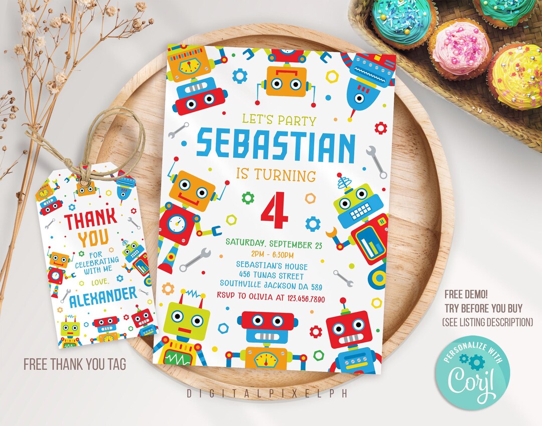 Editable Robot Birthday Invitation Template, Robot Birthday Invitation ...