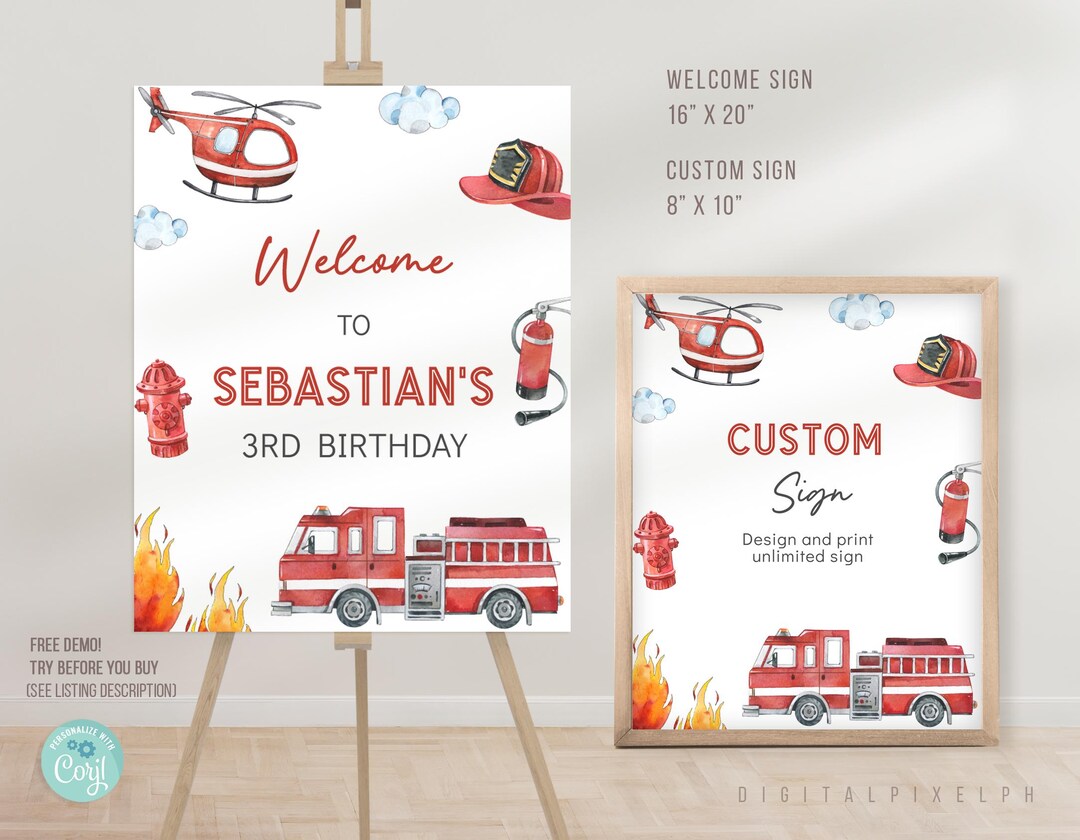 Editable Fire Truck Welcome Sign Template, Fire Truck Birthday Custom ...
