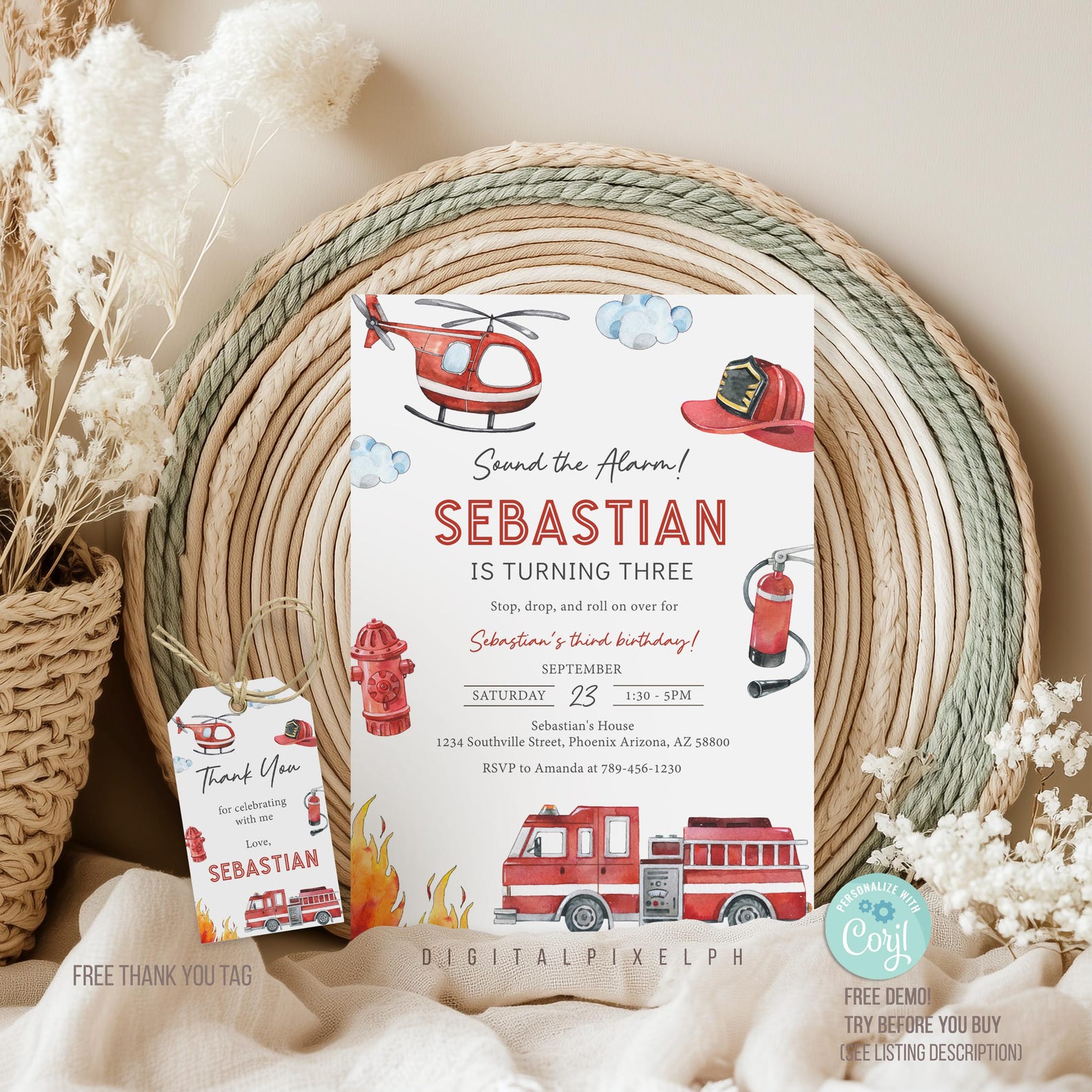 Firetruck Birthday Invitation, Fire Truck Invitation (digital Download ...