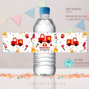 Editable Fire Truck Water Bottle Label, Fire Truck Label, Fireman ...