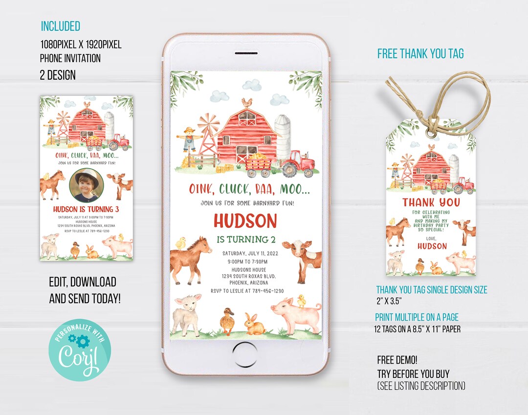 Farm Phone Birthday Invitation Template, Farm Electronic Invitation ...