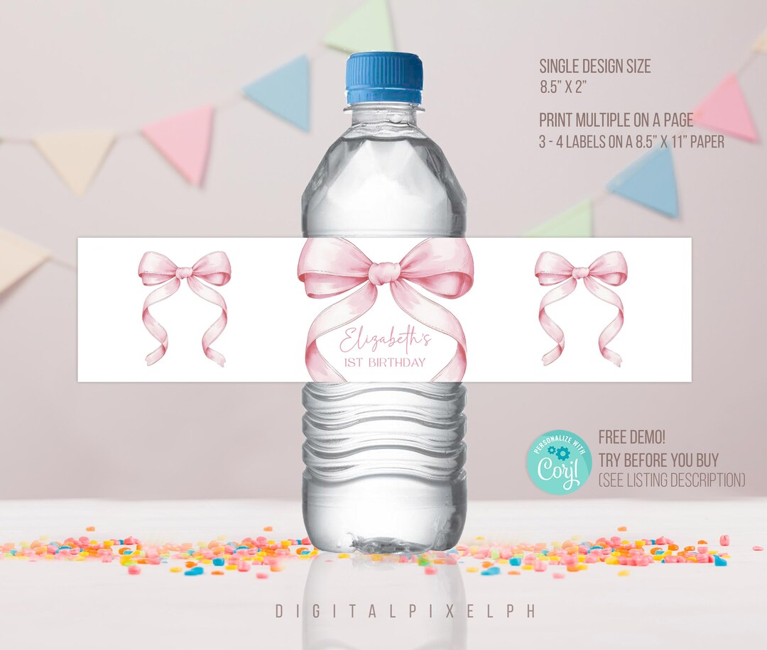 Editable Coquette Pink Bow Water Bottle Label, Coquette Pink Bow Label ...