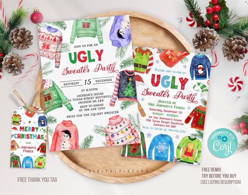 Editable Ugly Sweater Christmas Party Invitation, Christmas Party ...