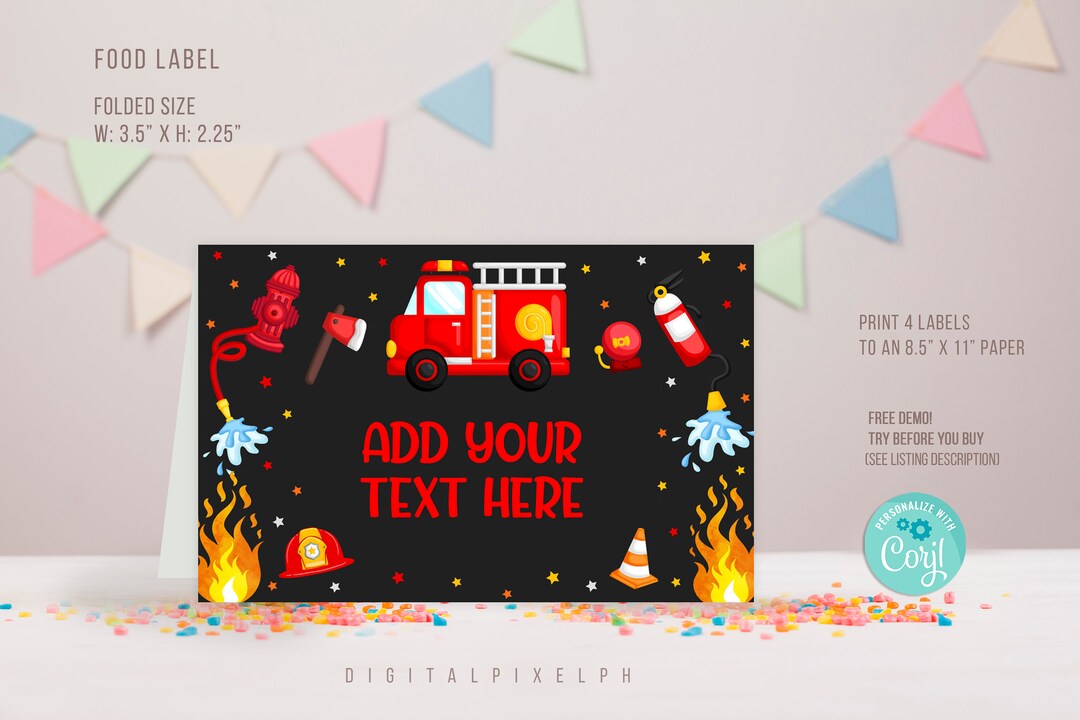 Editable Fire Truck Food Label, Fire Truck Birthday Party Food Tent ...