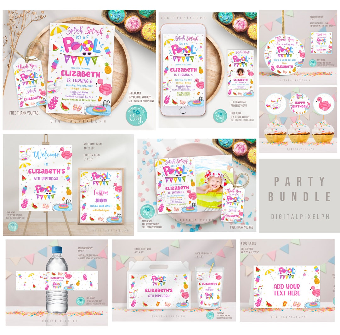 Editable Pool Party Birthday Invitation Bundle Template, Pool Party ...