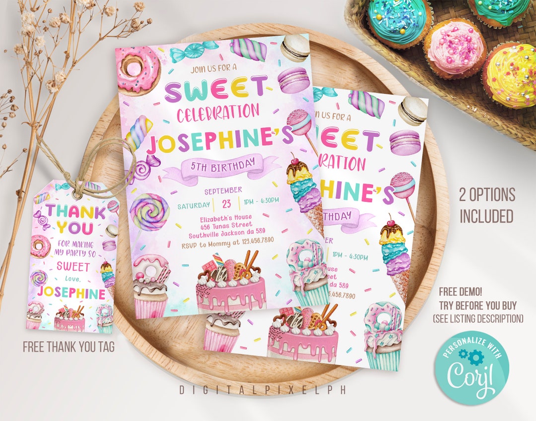 Editable Sweets Candy Invitation, Sweet Candy Birthday Invitation ...