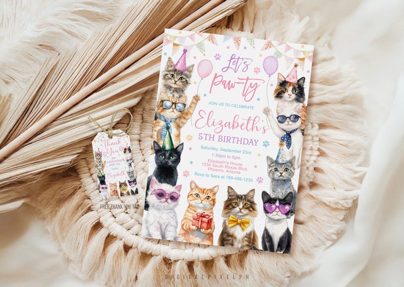 Cat Birthday Party Invitation, Kitten Theme (editable Template) - Etsy
