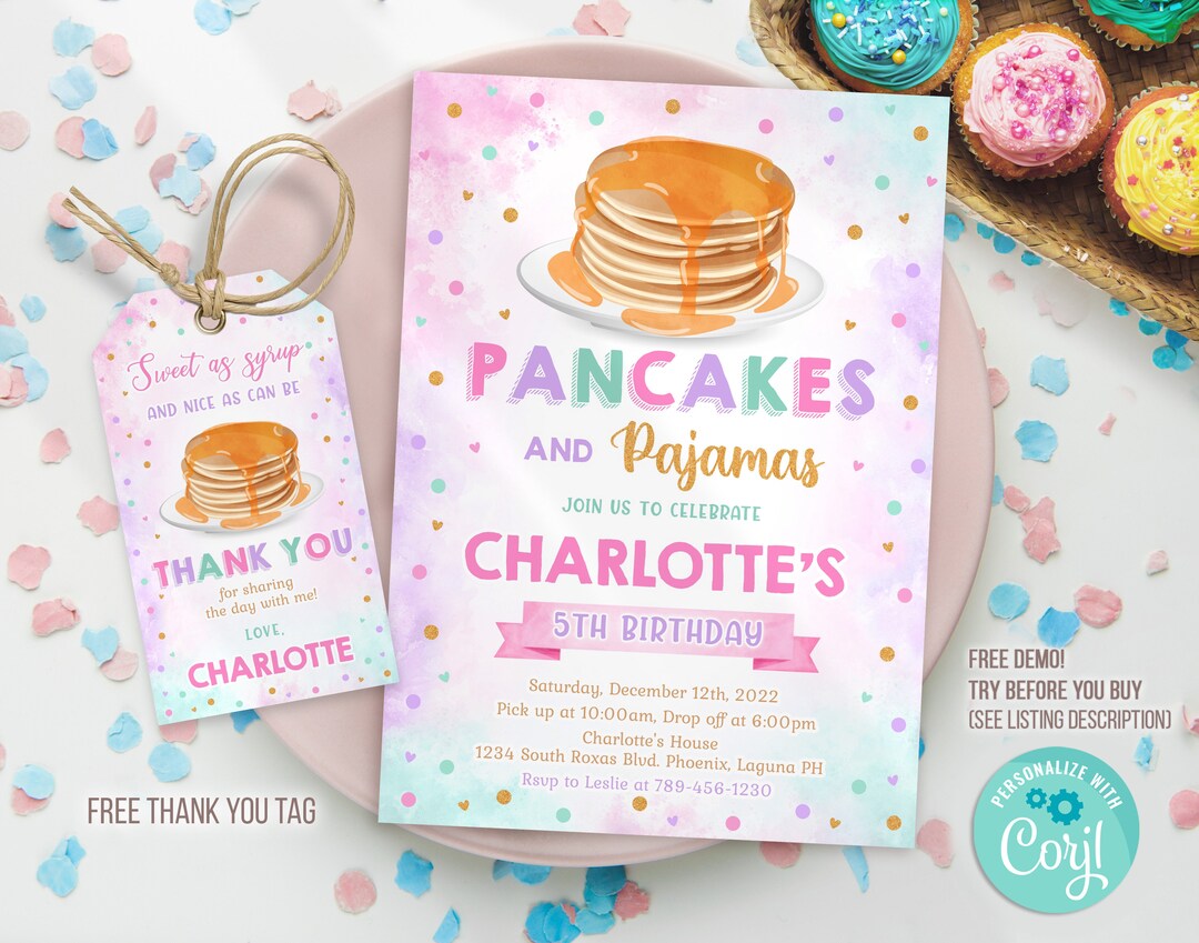 Editable Pancake Birthday Invitation, Pancakes and Pajamas Birthday ...