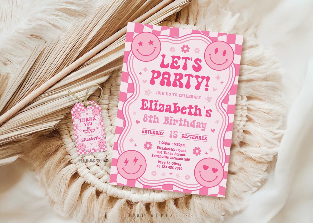 Retro Smiley Birthday Invitation Template, Pink Party (digital Download ...