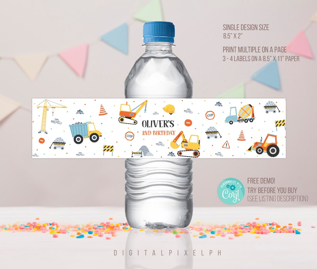 Editable Construction Birthday Water Bottle Label, Construction Label ...