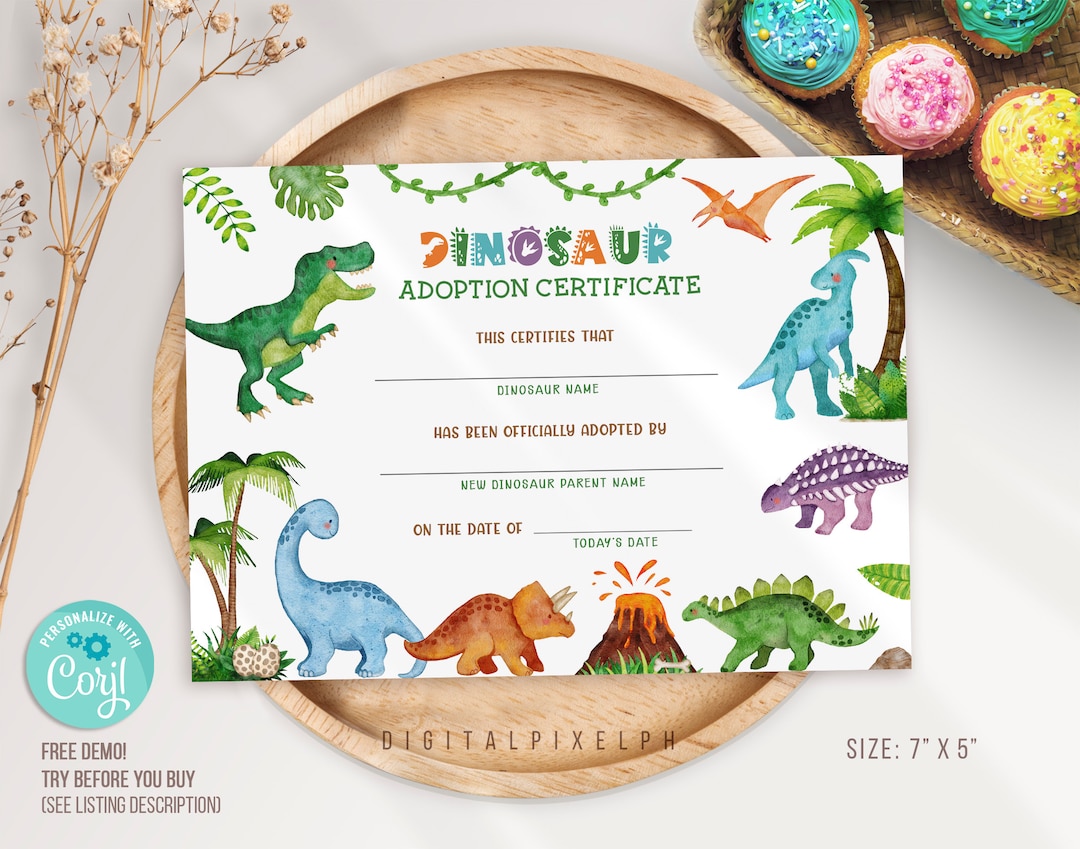 Editable Dinosaur Adoption Certificate Template, Dinosaur Adoption ...