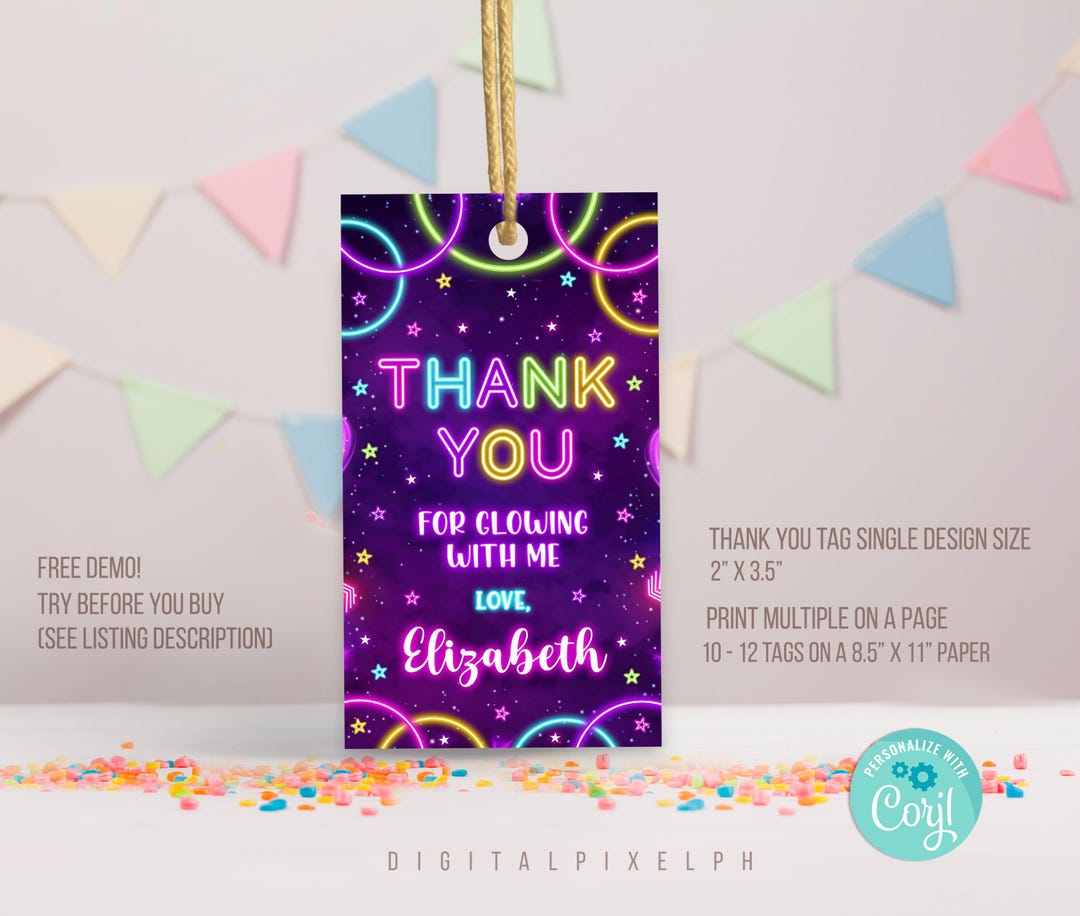 Editable Glow Thank You Tags, Neon Glow Thank You Tags, Glow Favor Tag ...