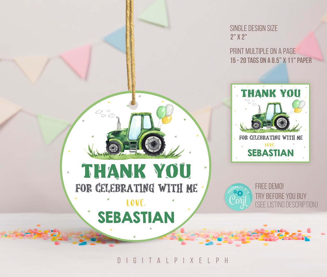 Editable Green Tractor Round Thank You Tags, Green Tractor Sticker ...