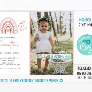 Editable Boho Rainbow Birthday Invitation With Picture, Rainbow ...