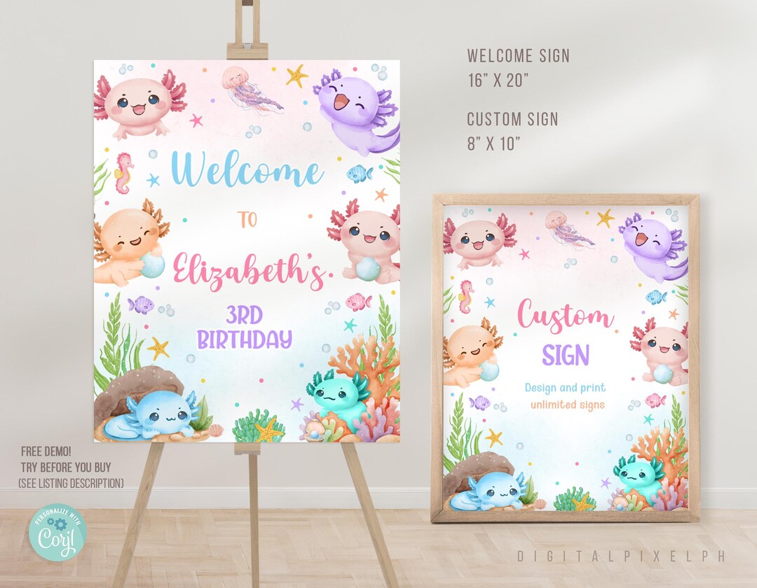 Editable Axolotl Birthday Welcome Sign Template (digital Download) - Etsy
