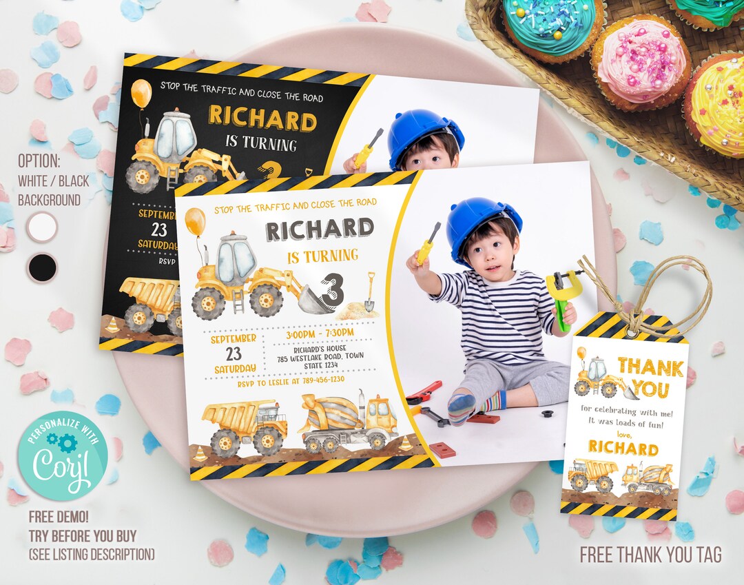 Editable Construction Birthday Party Invitation Template, Construction ...