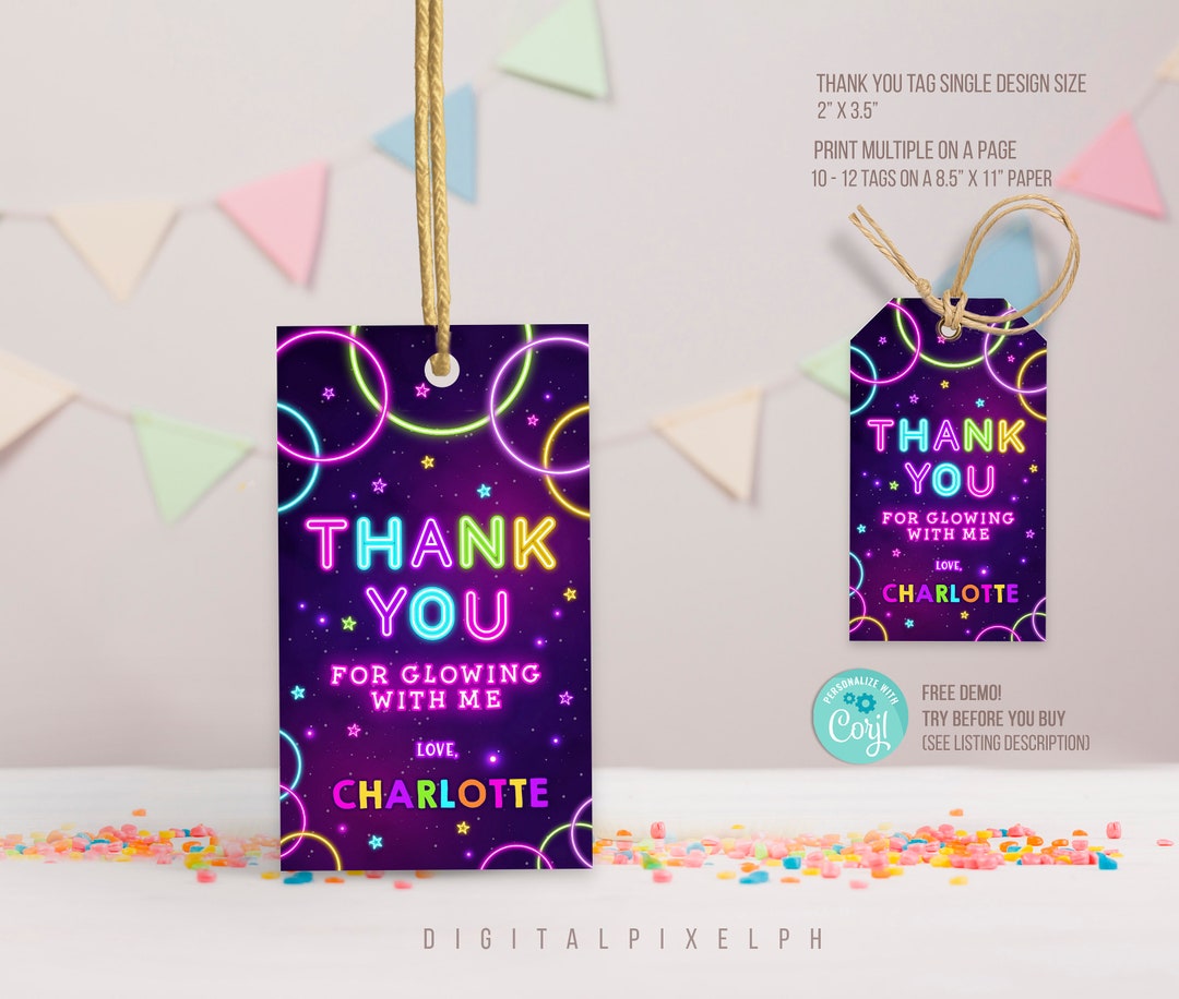 Editable Glow Party Thank You Tags, Glow Favor Tags, Glow Thank You ...