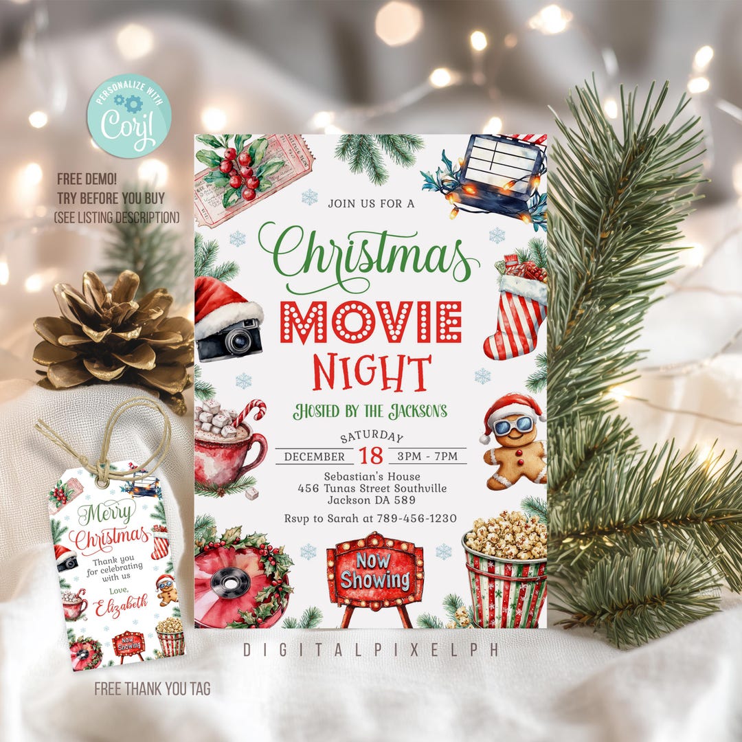 Christmas Movie Night Invitation, Editable Template (digital Download ...