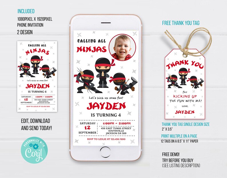 Ninja Electronic Invitation Template Ninja Birthday Phone - Etsy